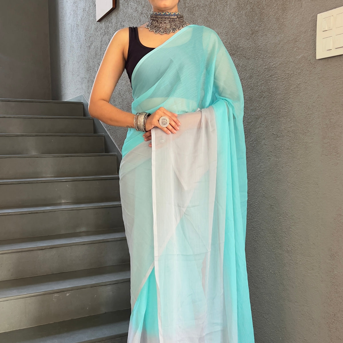 Heena One Minute Ready To Wear Sea Blue Saree With Unstiched Blouse ...