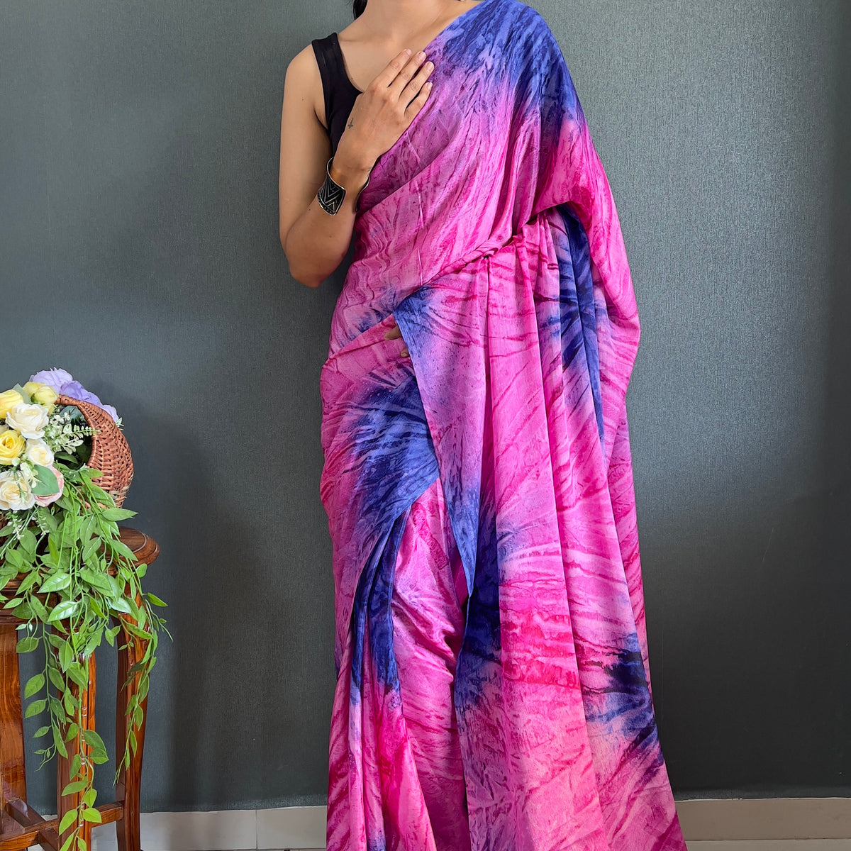 Kalar One Minute Ready To Wear Pink-Blue Saree With Unstiched Blouse ...