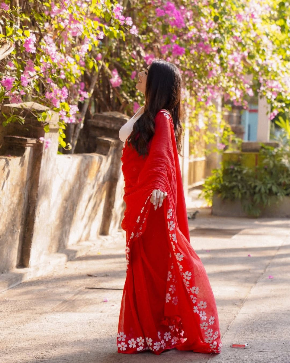 New One Minute Ready To Wear Pure Soft Mul Cotton Silk Red Saree With ...